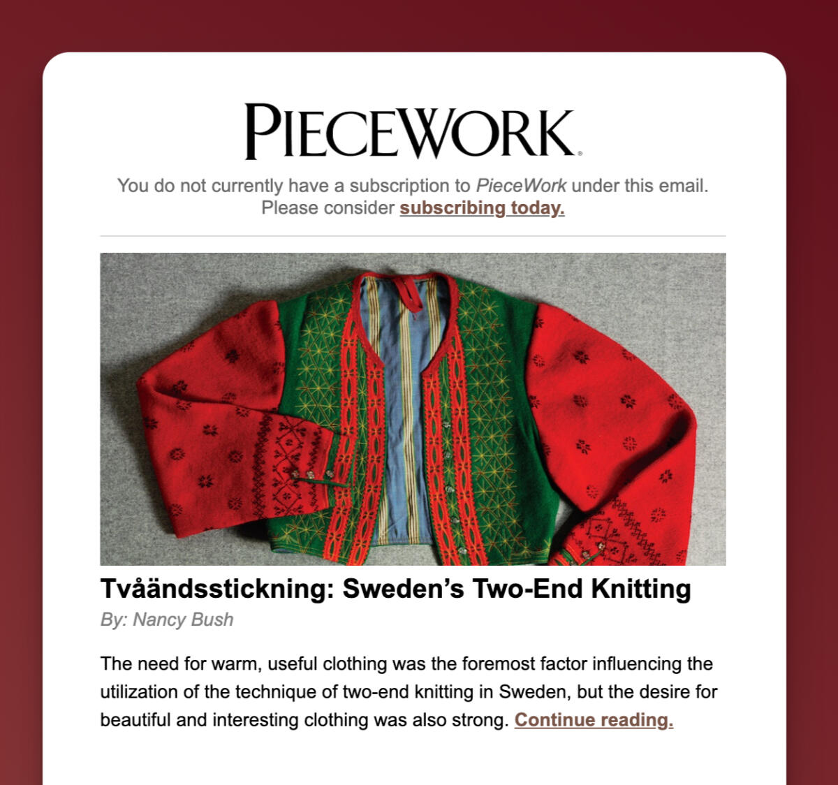 Join the PieceWork Newsletter
